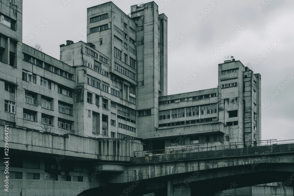 Poster A dystopian brutalist government building, with cold, gray ...
