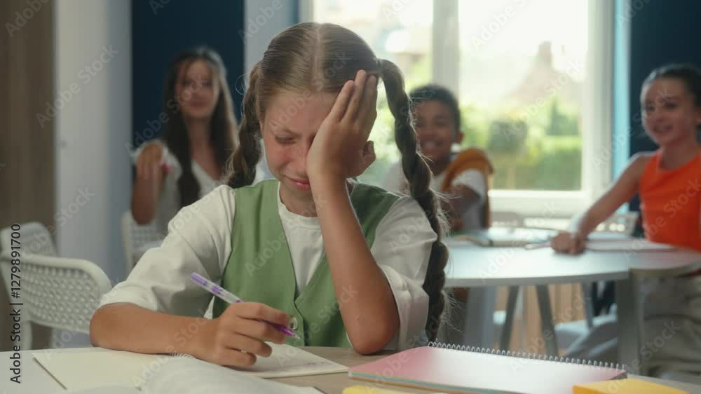 Caucasian sad worried crying little girl pupil schoolgirl in school ...