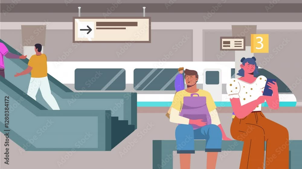 Flat vector scene animation showing the metro train system in action ...