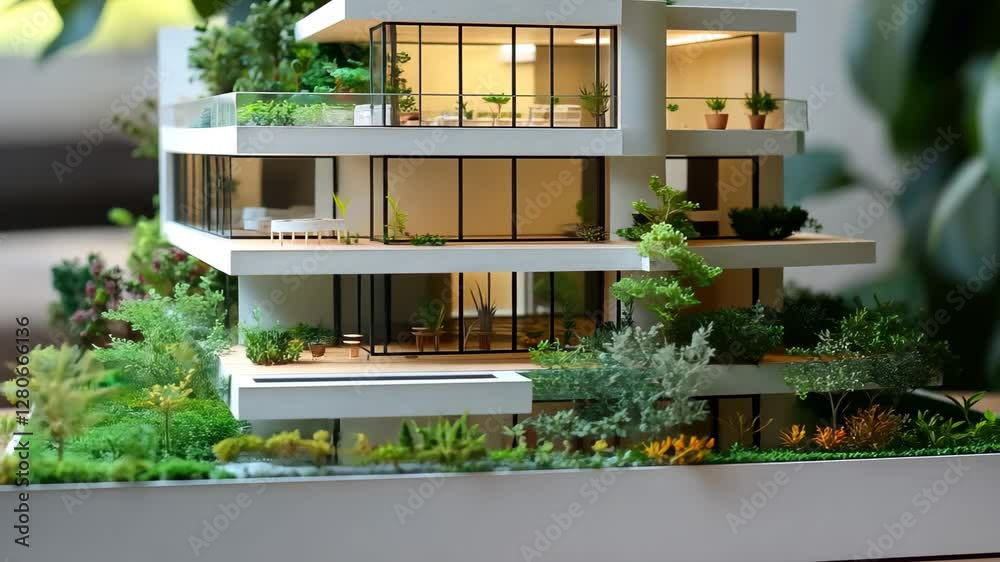 Architectural model of a modern house surrounded by lush greenery and ...