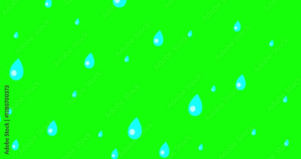 Rain cartoon animation on green screen background. 2D flat elements ...
