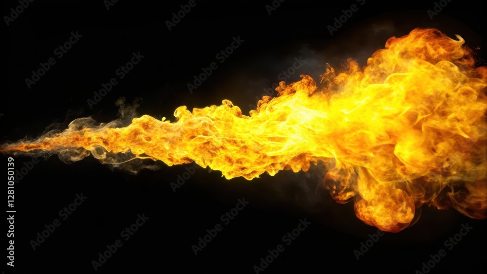 Poster Flame thrower blowing looping flames on alpha background, yellow ...