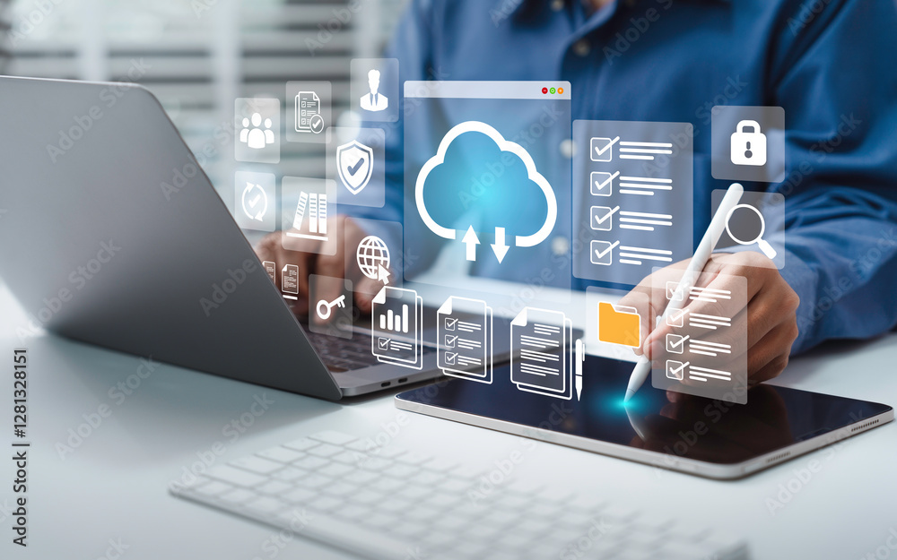 Businessman using a computer to Cloud service to document management ...