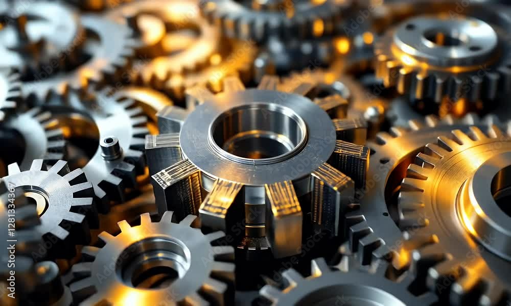 Looped 3D animation of a gear mechanism group. Close-up. Defocus ...