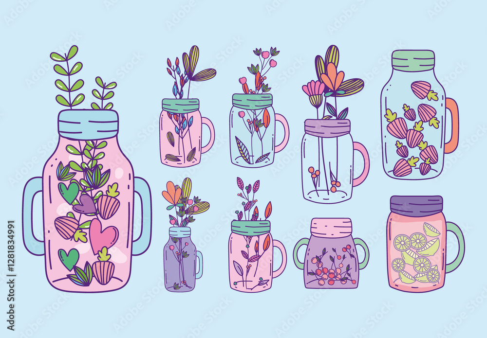 Colorful Cute Mason Jars Botanical Illustration Set Stock Template ...