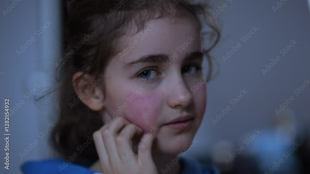 Girl Has Dry Red Skin and Scratching Her Face. Child Scratches Atopic ...
