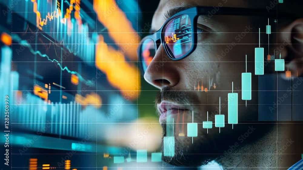 Man looking at a chart. Man trading stocks with glasses and candles ...
