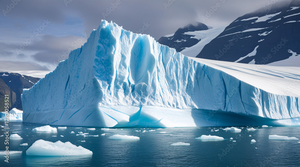 Poster Melting Glacier with a dramatic scene of a massive iceberg calving into the ocean, with ...
