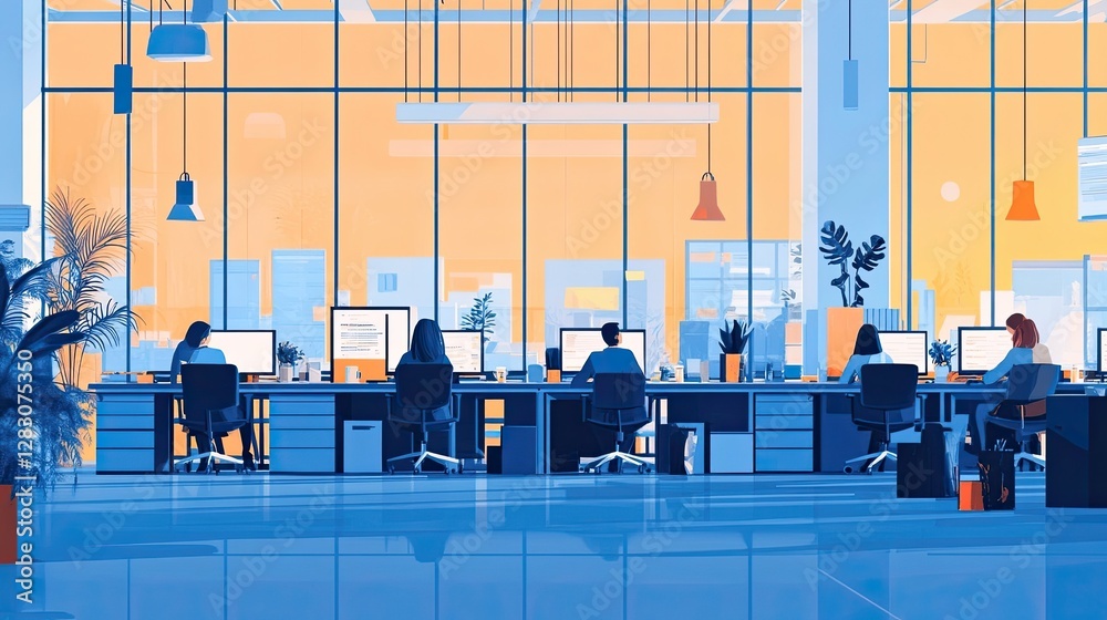 Poster Bustling corporate workspace with efficient employees tackling ...