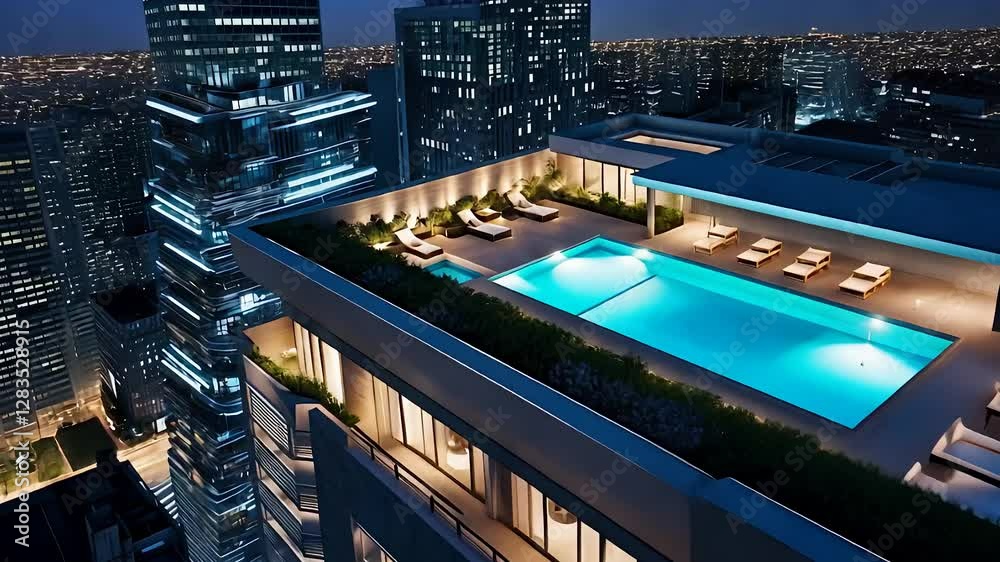 Luxury Rooftop Pool on a High-Rise Building with Stunning City Skyline ...