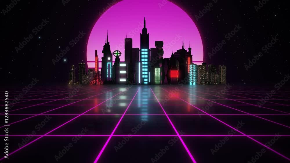 Retro-futuristic 80s style looping animation with night city background. Synthwave seamless loop ...