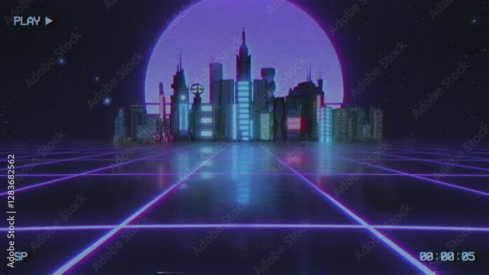 Retro-futuristic 80s style looping animation with night city background. Synthwave seamless loop ...