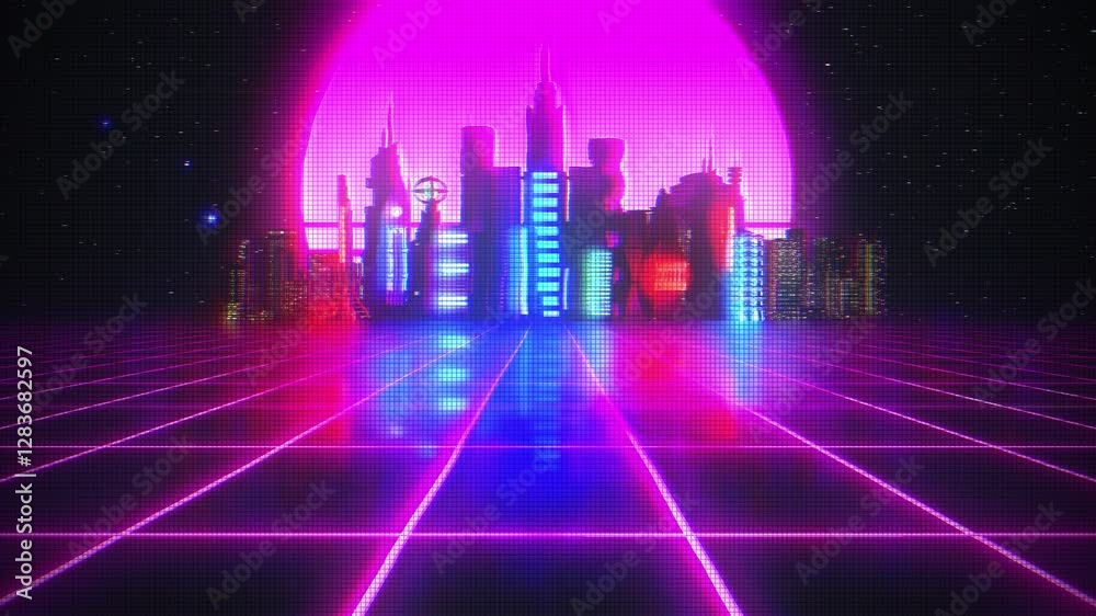 Retro-futuristic 80s style looping animation with night city background ...