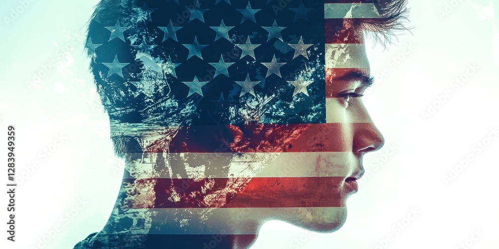 Photo & Art Print Man's face is shown in front of an American flag ...
