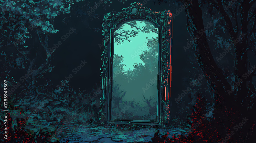 Poster Cursed reflections in alternate realities, pixel art showcasing ...