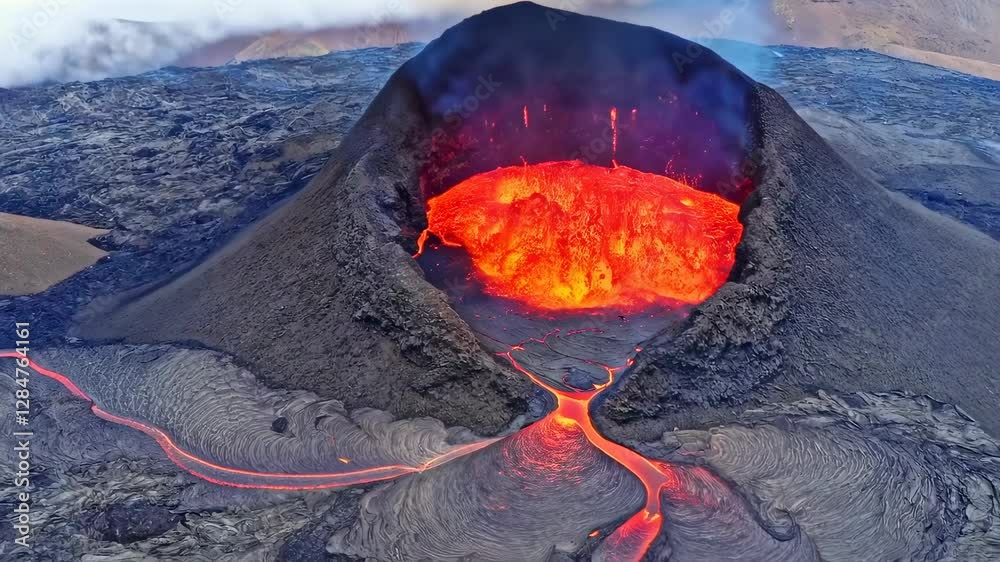 Volcanic eruption, lava seethes and flows, thick smoke rises, creating ...