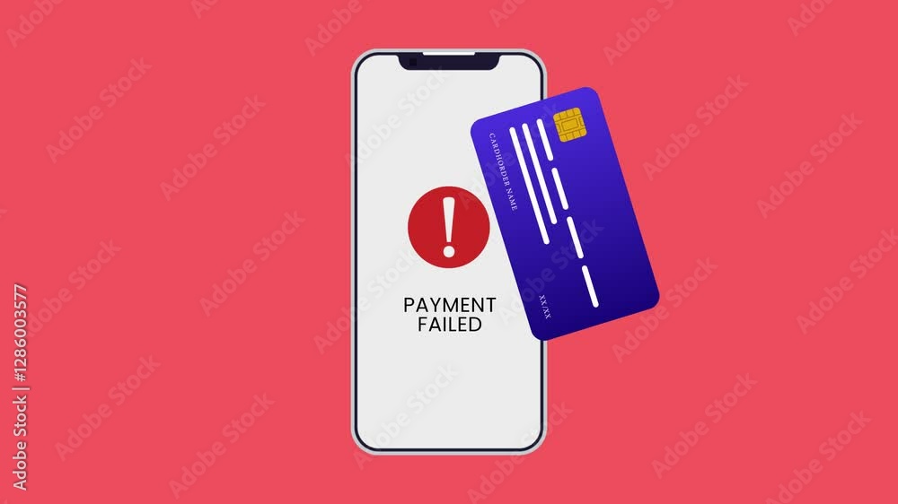 Animated debit transaction failed icon for shopping. Displays error ...