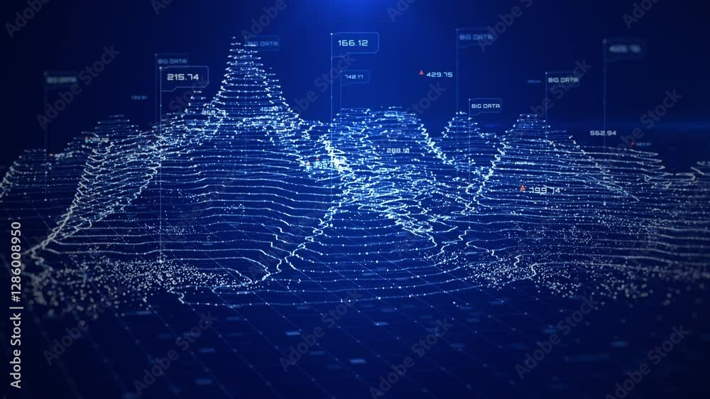 Digital topographic map with glowing data points and futuristic data ...