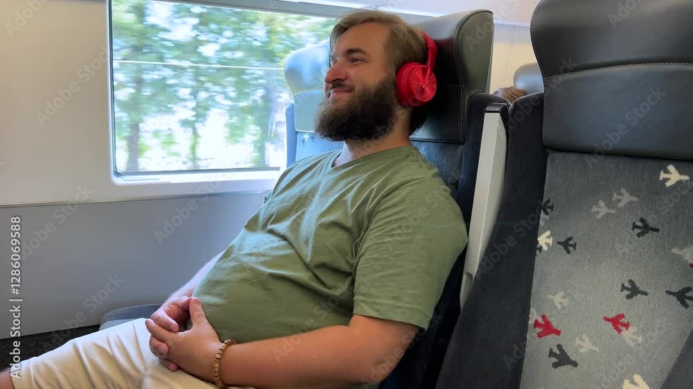 Horizontal 4K video. Young adult fat white man with beard, red ...