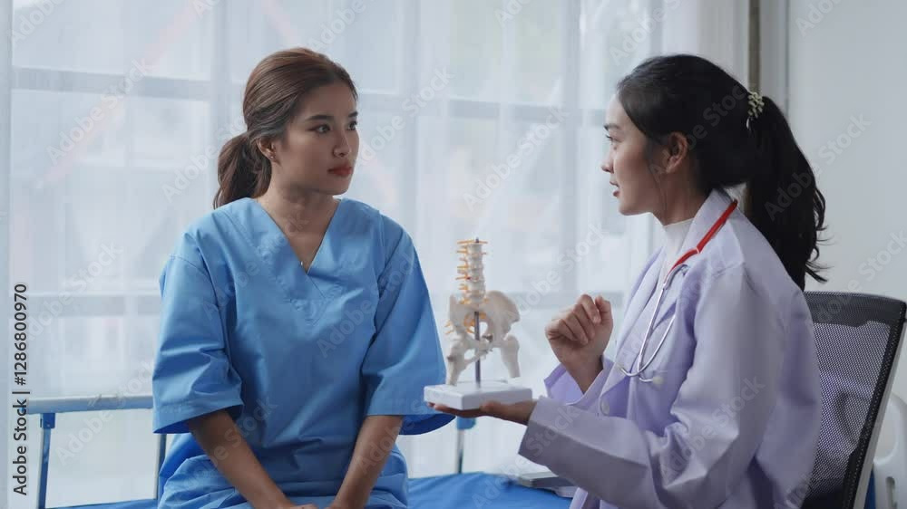 Medical professional explaining human spine structure with anatomical ...