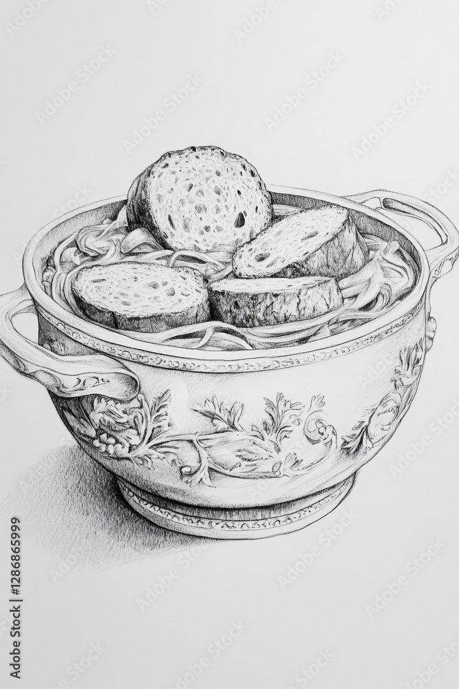 Poster A detailed pencil sketch of a traditional ornate soup tureen ...