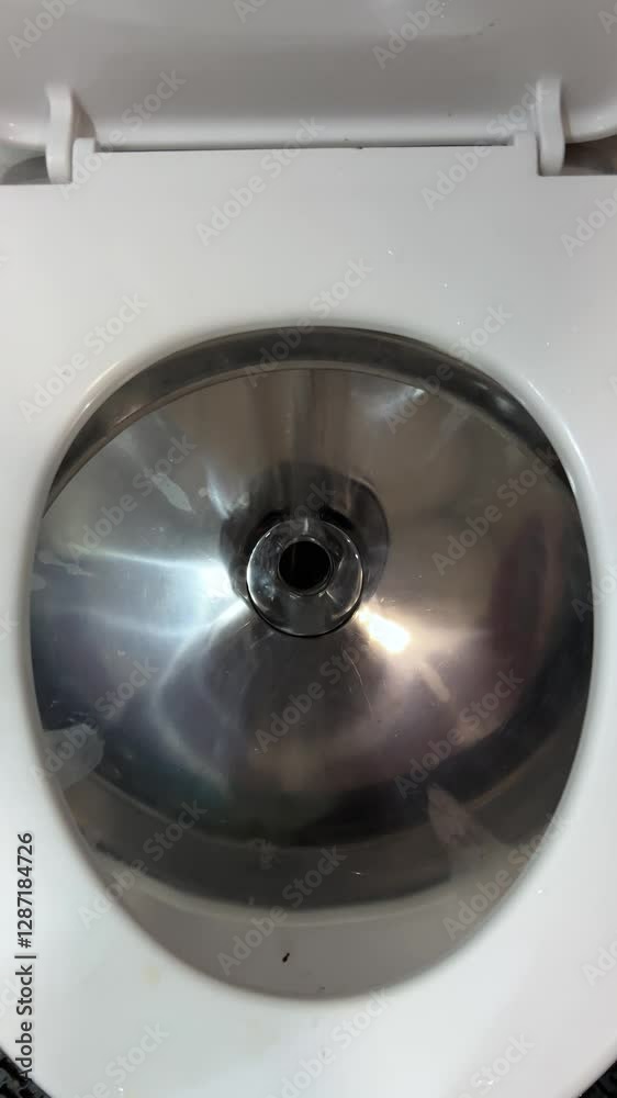 Vertical video close up. Public WC in train. Top view. Clear flushing ...