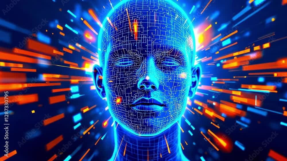 Futuristic digital human head with glowing lines and particles ...