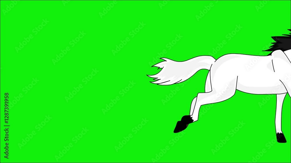 2D animation of a white horse galloping across a bright green screen ...