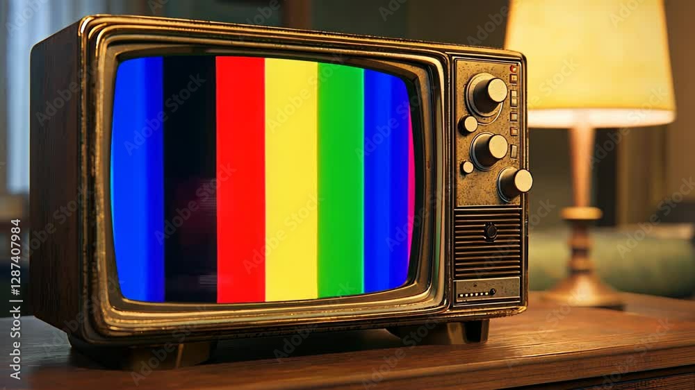 Retro tv screen transitioning from static to color bars in a cozy ...