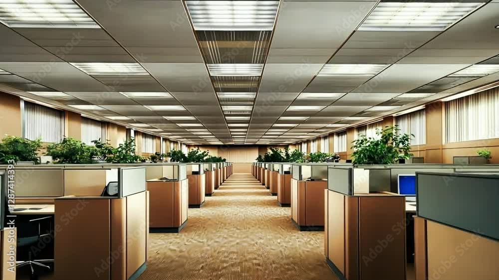 Neutral Beige Office Interior With Rows Of Cubicles And Potted Plants ...