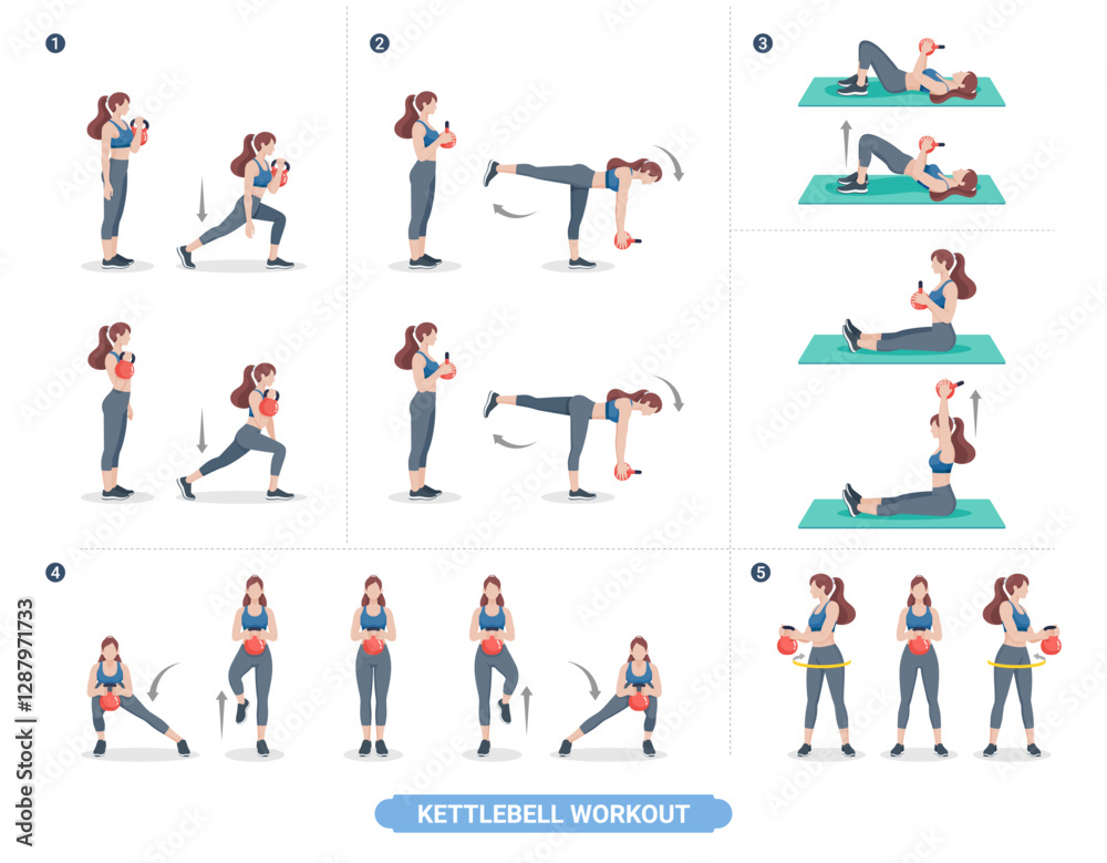 Poster An illustrated kettlebell exercise guide showing a woman ...