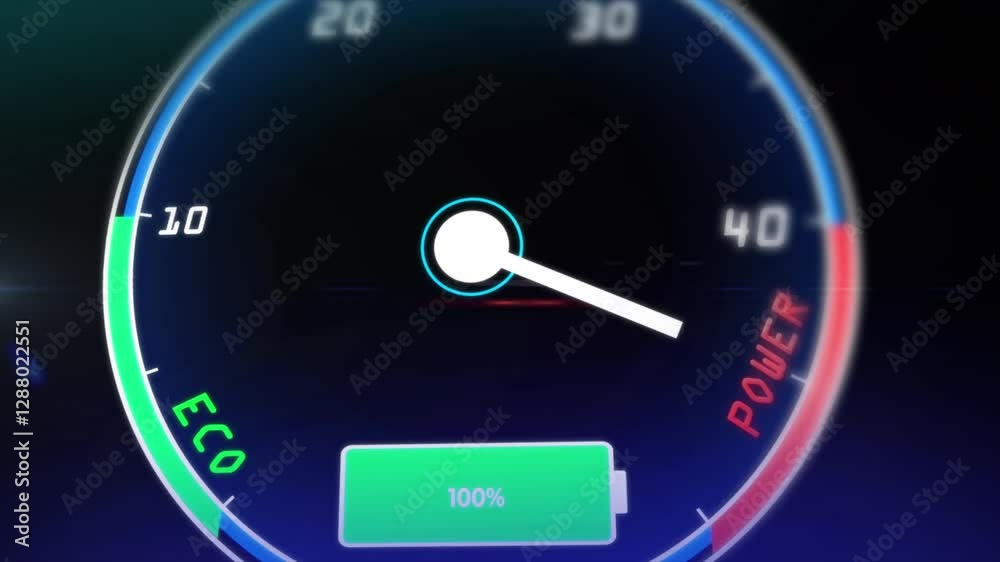 3D rendering animation. Electric car dashboard display. Electric car charging indicating the ...