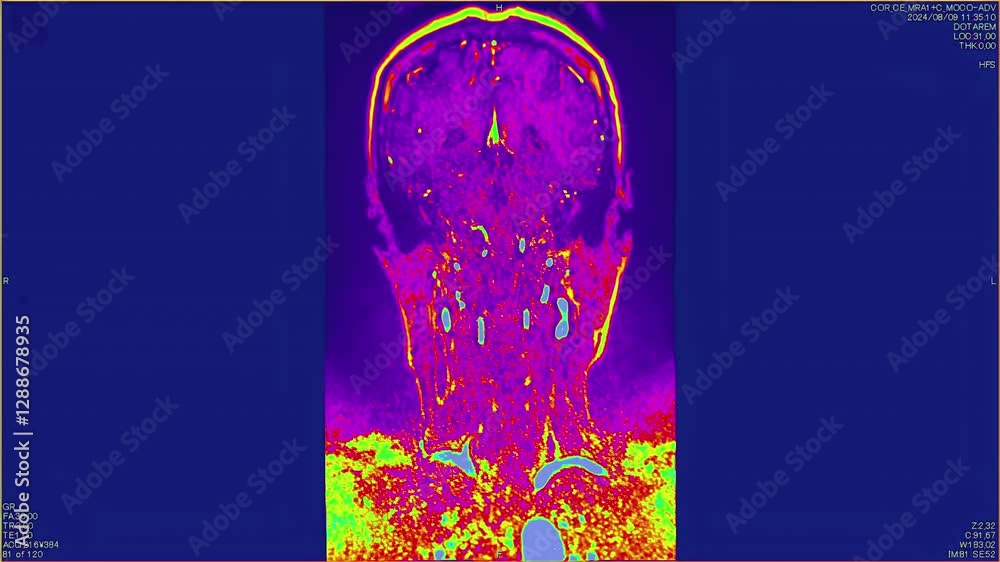 Magnetic resonance images of the brain and neck, MRI of the brain, of a ...
