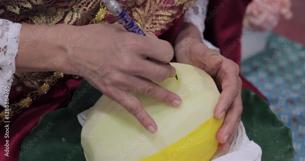 Craftsman in traditional attire carves a detailed floral pattern into a ...