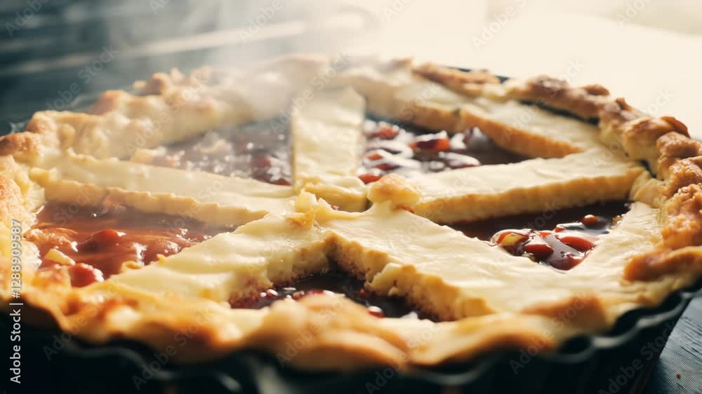 Slow zoom in close-up video of a perfectly baked apple pie with steam ...