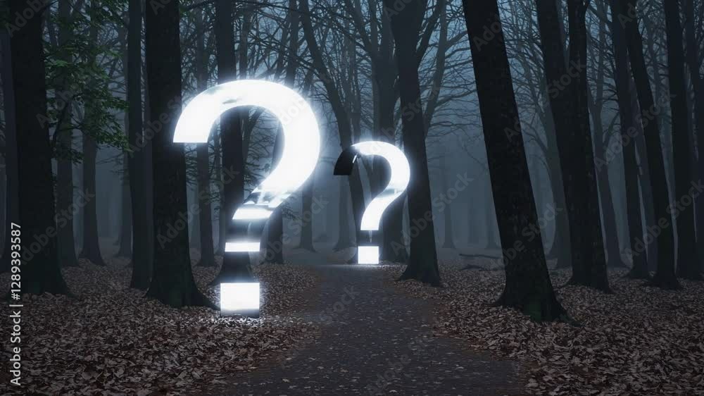 Glowing Question Marks Illuminate the Uncertain Path in a Forest ...