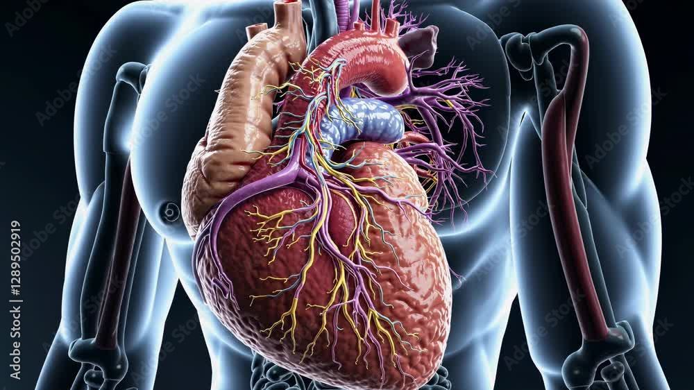 Realistic 3D animation of a human heart beating inside a transparent ...