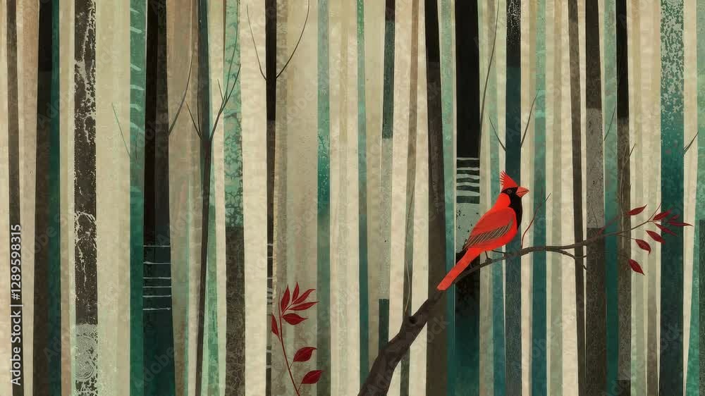 Storybook Style Red Cardinal on a Branch in the Forest. Looping ...