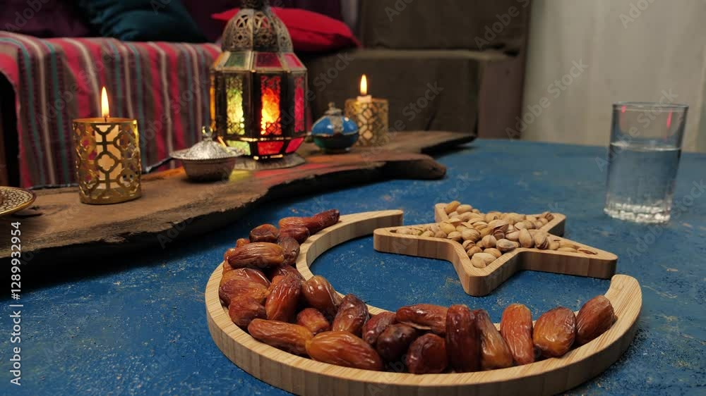 Vidéo Stock Muslim man breaking his fast during Ramadan, eating dates ...