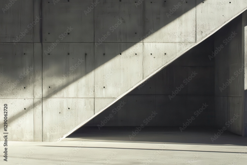 Poster brutalist concrete slab looms in stark gray, sharp shadows ...