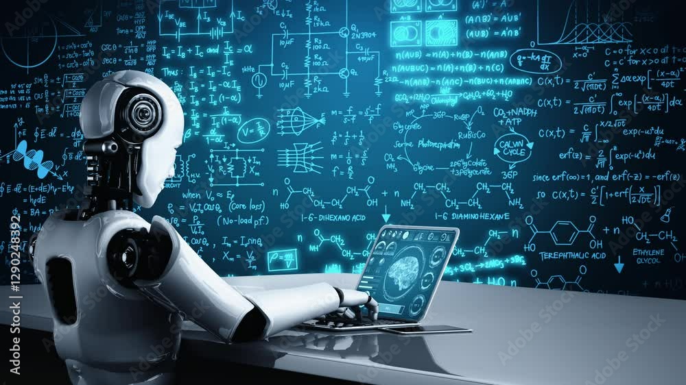 Robot hominoid use laptop and sit at table for engineering science studying using AI thinking ...