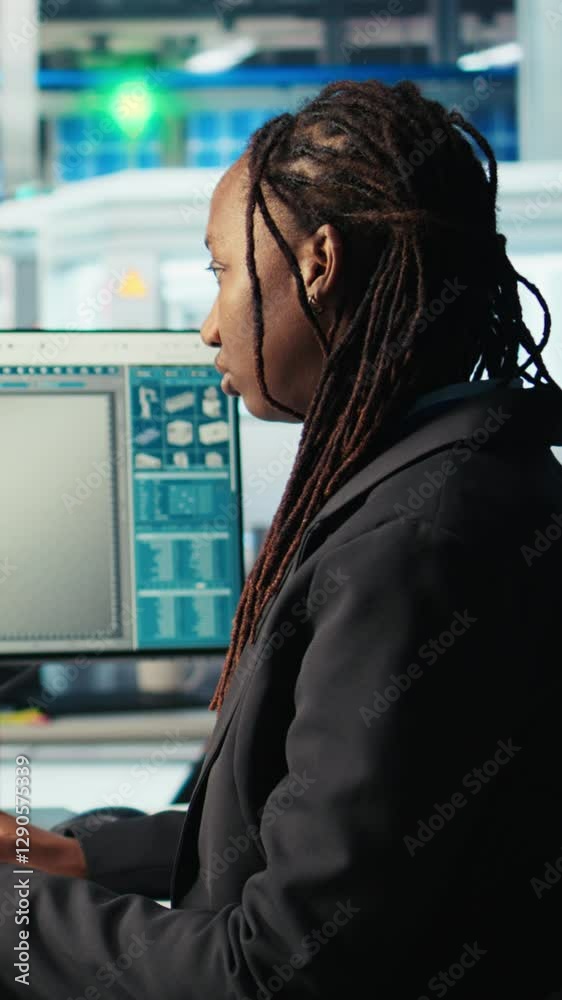 Vertical video Photovoltaics factory programmer coding on PC to improve solar panels efficiency ...