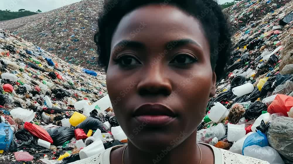 An activist stands in front of a massive garbage dump, advocating for ...