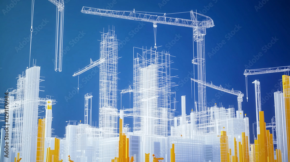 Poster A city in transformation, where high-rise blueprints gradually ...