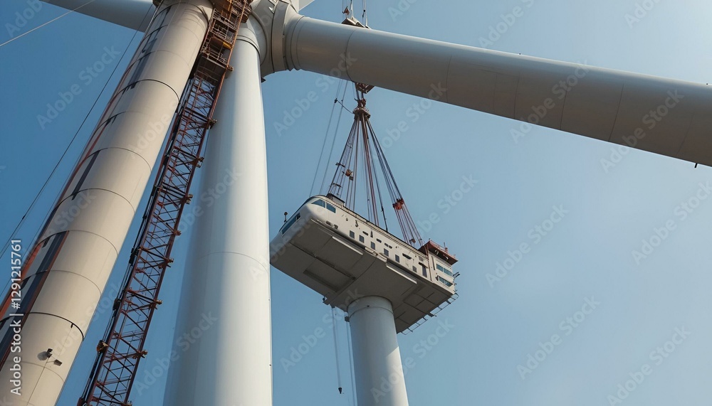 Poster Crane lifts the nacelle onto a wind turbine tower during the ...