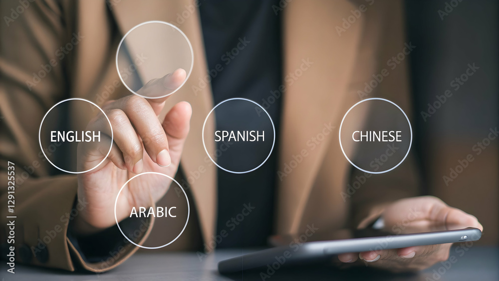 Poster Glowing interface showing multiple languages to represent language localization and ...