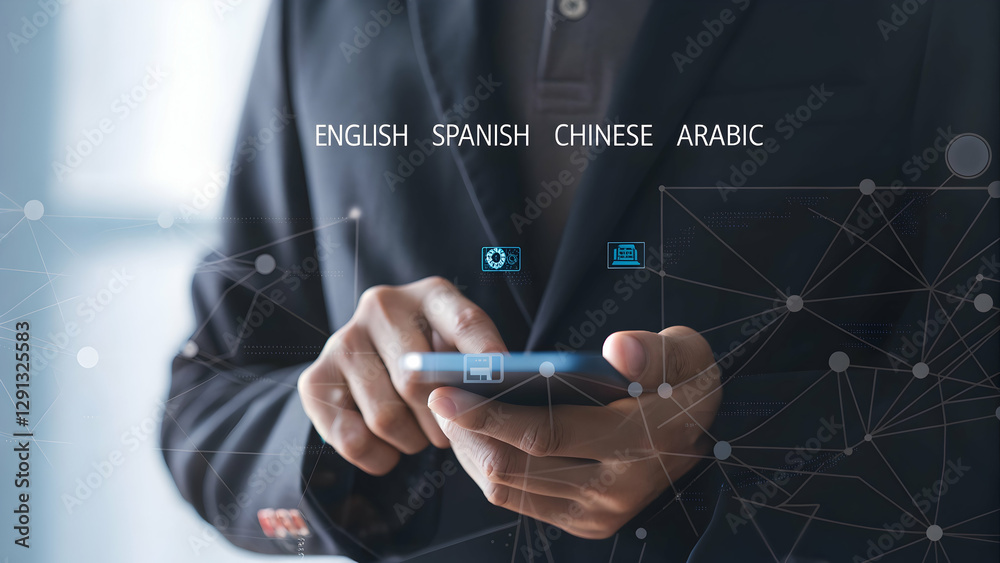 Poster Glowing interface showing multiple languages to represent language localization and ...