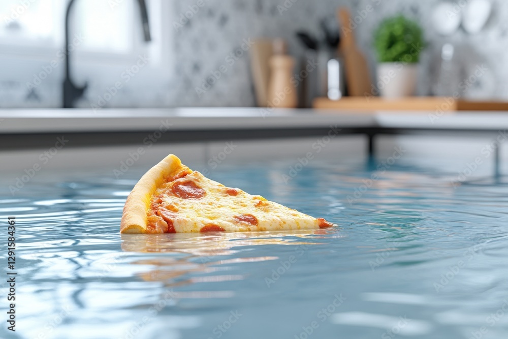 Photo & Art Print A single slice of pepperoni pizza floats on water ...