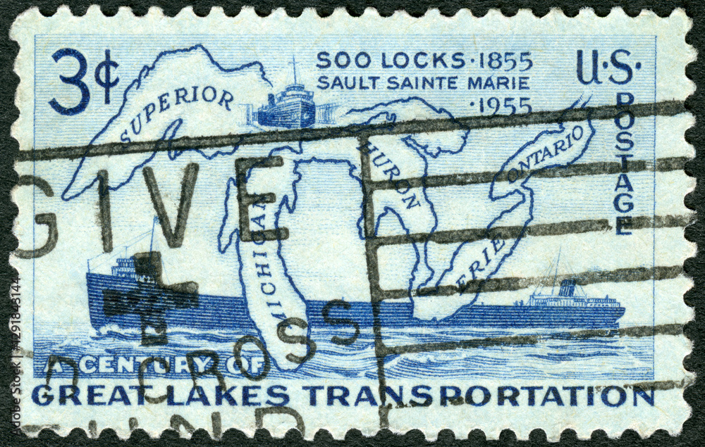 Poster USA - 1955: shows Map of Great Lakes and Two Steamers, Soo Locks ...