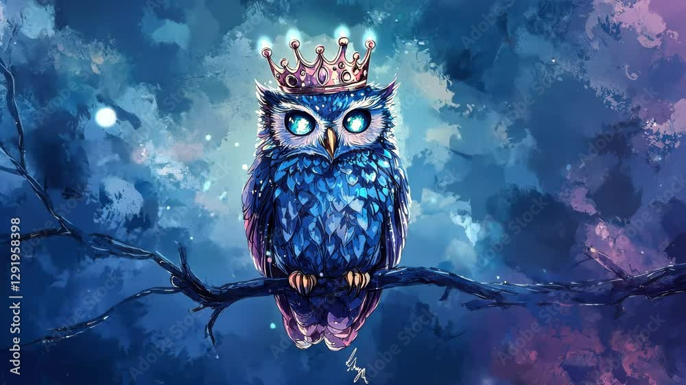 Pixel Art Blue Owl Wearing Golden Crown Night Sky Stock Video | Adobe Stock
